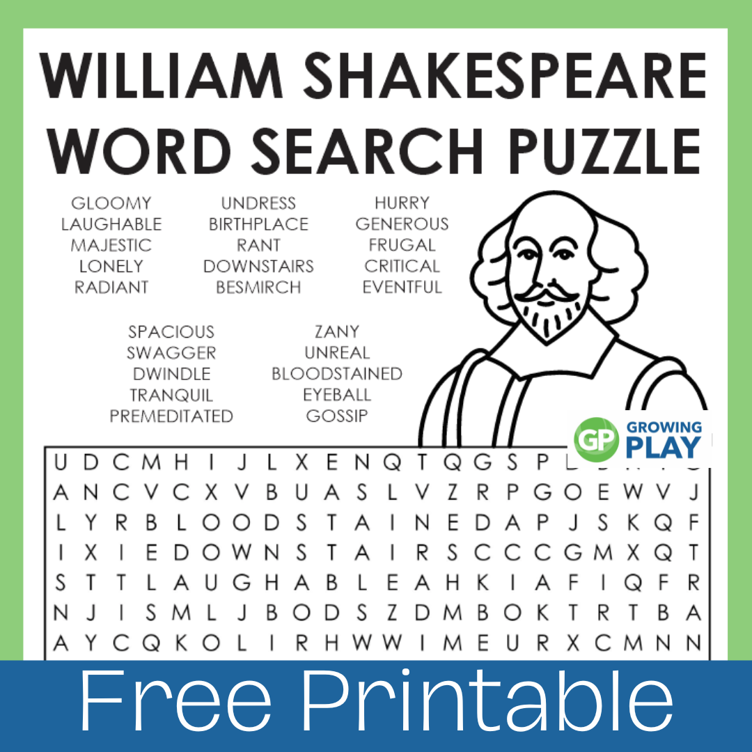 William Shakespeare Word Search PDF - Growing Play