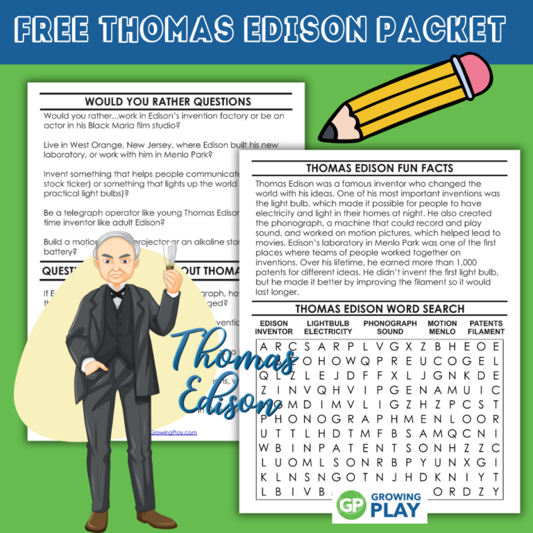 Thomas Edison Facts for Kids + Free Word Search - Growing Play