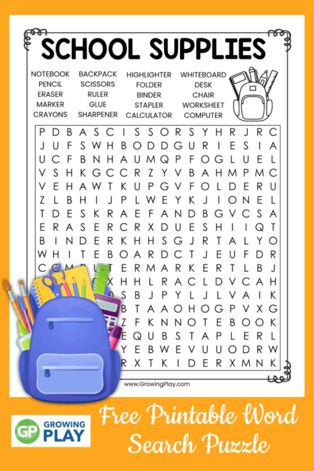 School Supplies Word Search Puzzle Free Printable - Growing Play